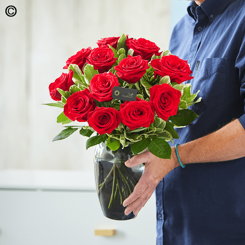Luxury Dozen Red Roses in a vase - Oasis Flowers & Balloons